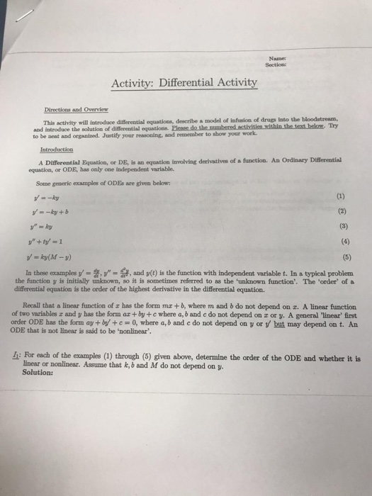 Solved Name: Section Activity: Differential Activity | Chegg.com