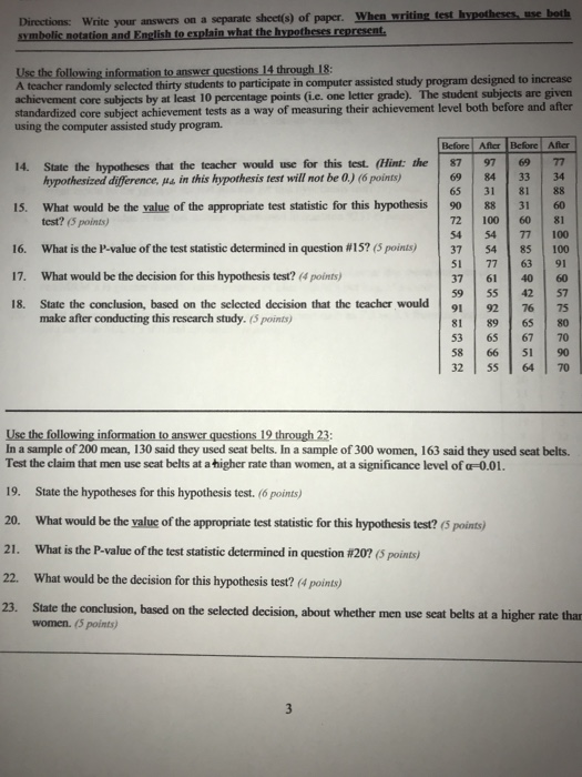 Solved Directions: Write your answers on a separate sheet(s) | Chegg.com
