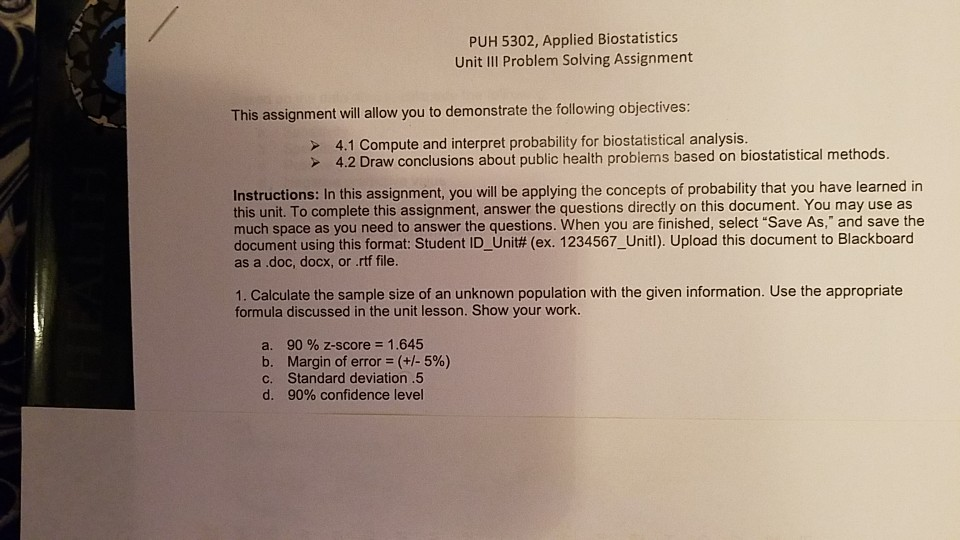Solved PUH 5302, Applied Biostatistics Unit I Problem | Chegg.com