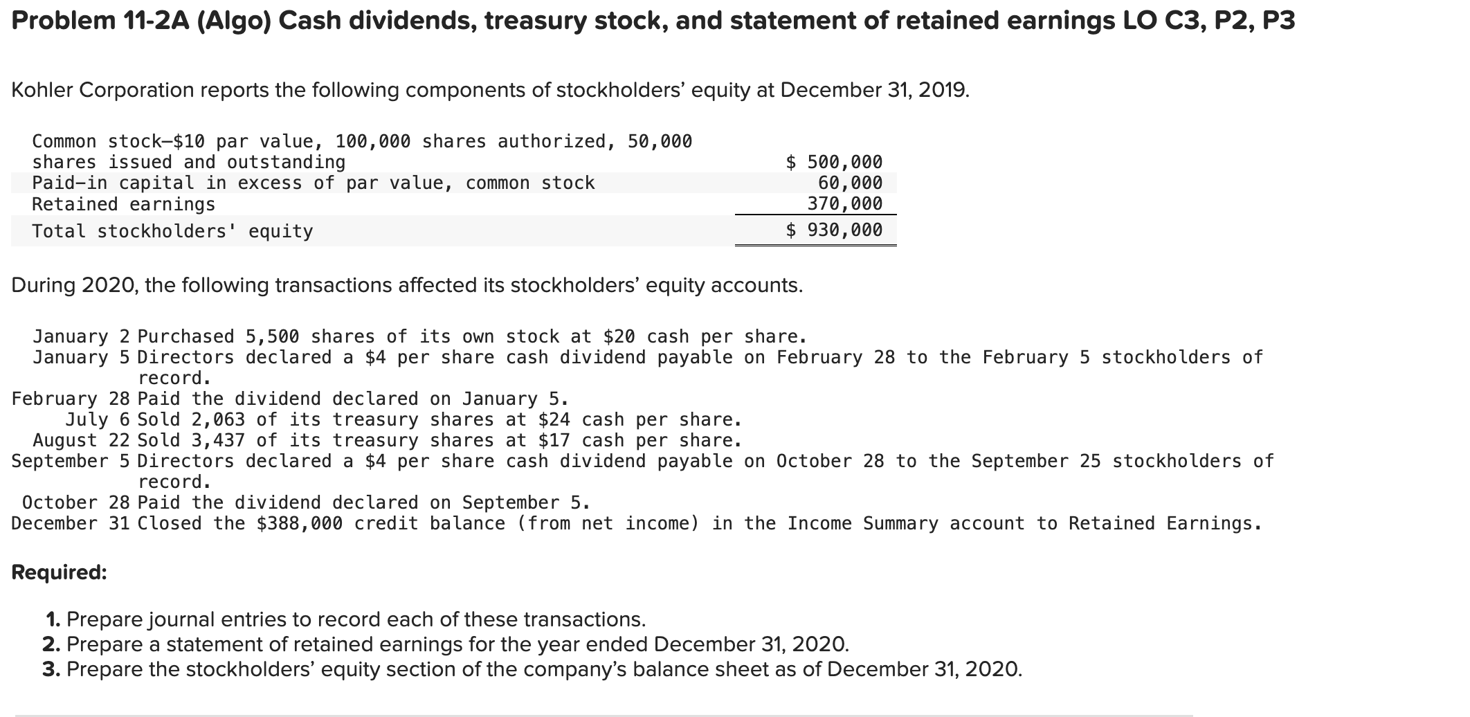 Solved Problem 11-2A (Algo) Cash dividends, treasury stock, | Chegg.com