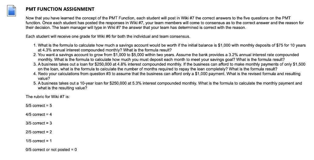 Solved PMT FUNCTION ASSIGNMENT Now that you have learned the | Chegg.com