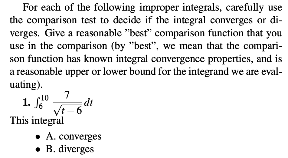 Solved For each of the following improper integrals, | Chegg.com