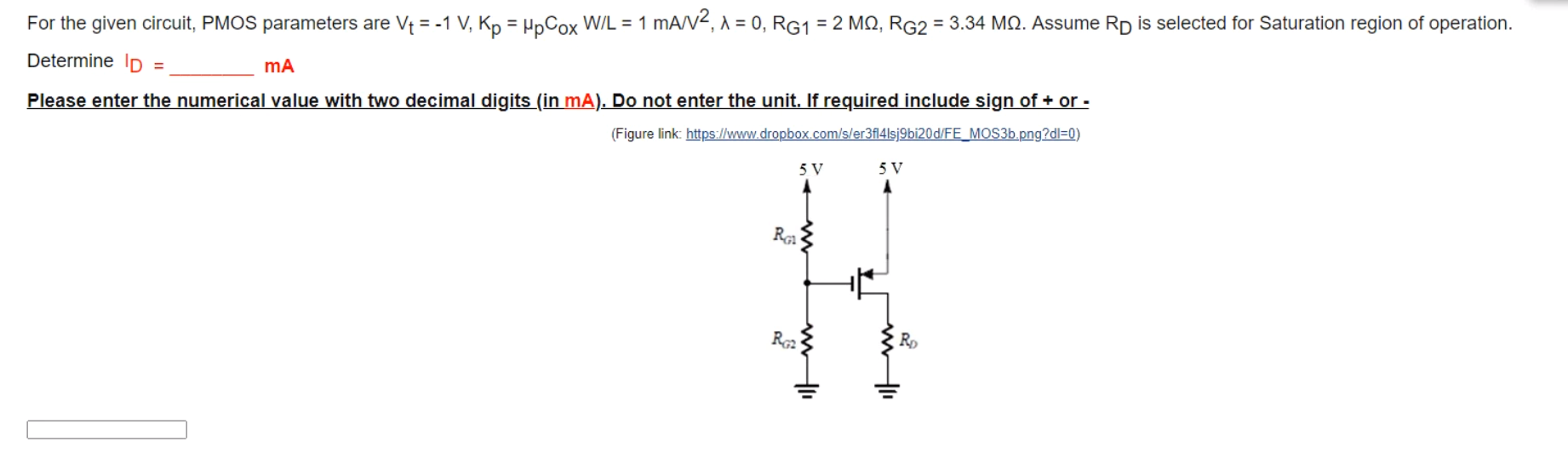 Solved For the given circuit, PMOS parameters are Vų = -1 V, | Chegg.com