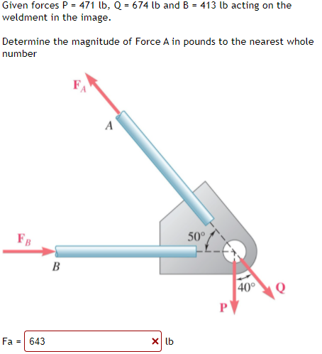 Solved Given forces P = 471 lb, Q = 674 lb and B = 413 lb | Chegg.com