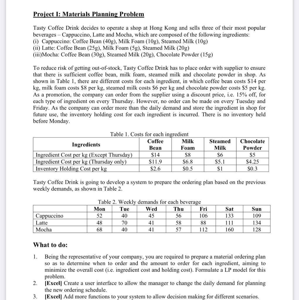 Solved Project I: Materials Planning Problem Tasty Coffee | Chegg.com