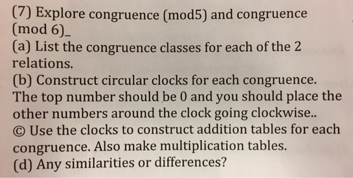 Solved Explore congruence (mod5) and congruence (mod 6) | Chegg.com