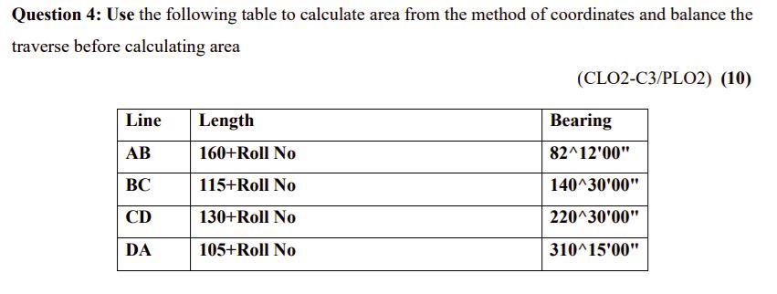 Solved Question 4: Use the following table to calculate area | Chegg.com