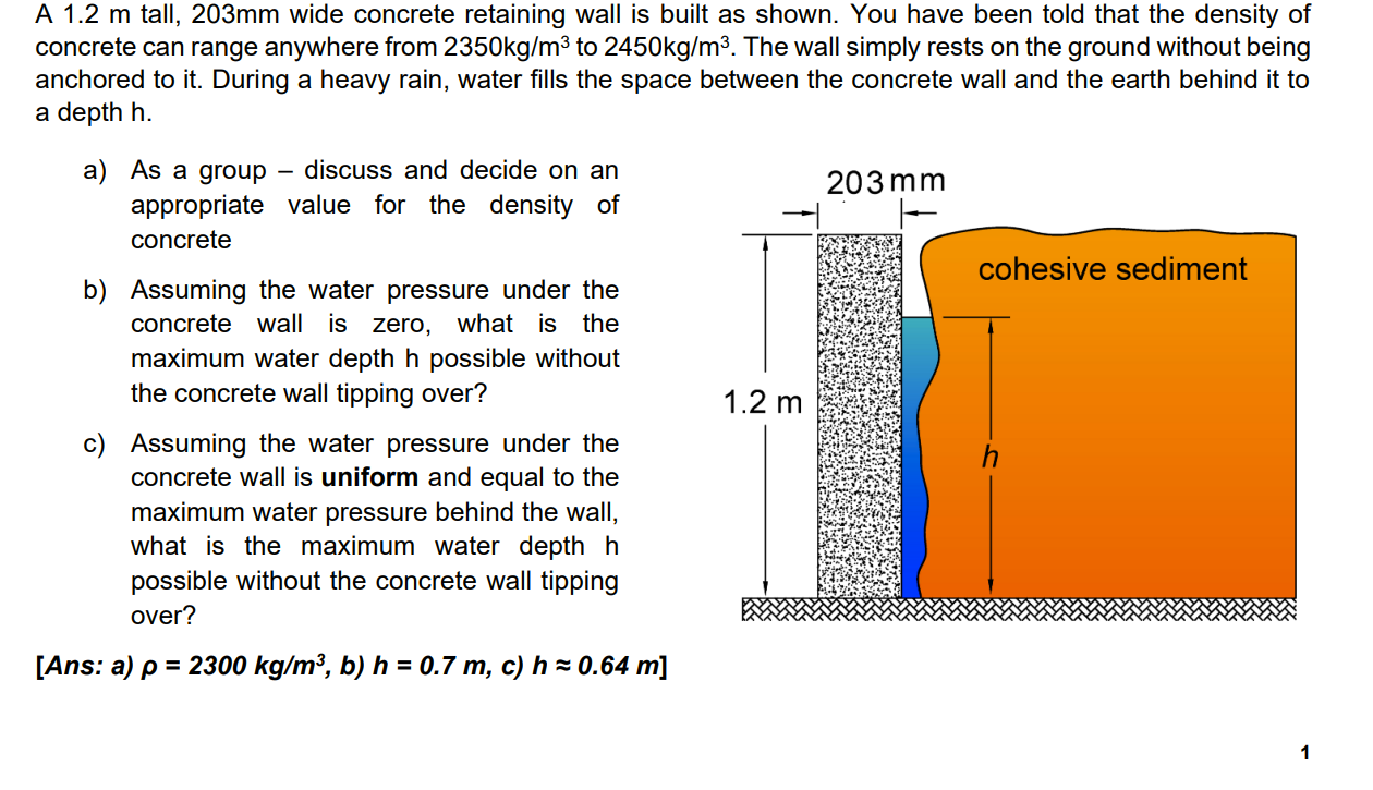 Solved A 1.2 m tall, 203 mm wide concrete retaining wall is | Chegg.com