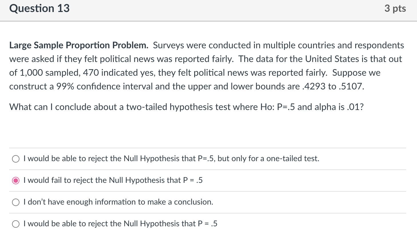 Solved Question 13 3 pts Large Sample Proportion Problem. | Chegg.com