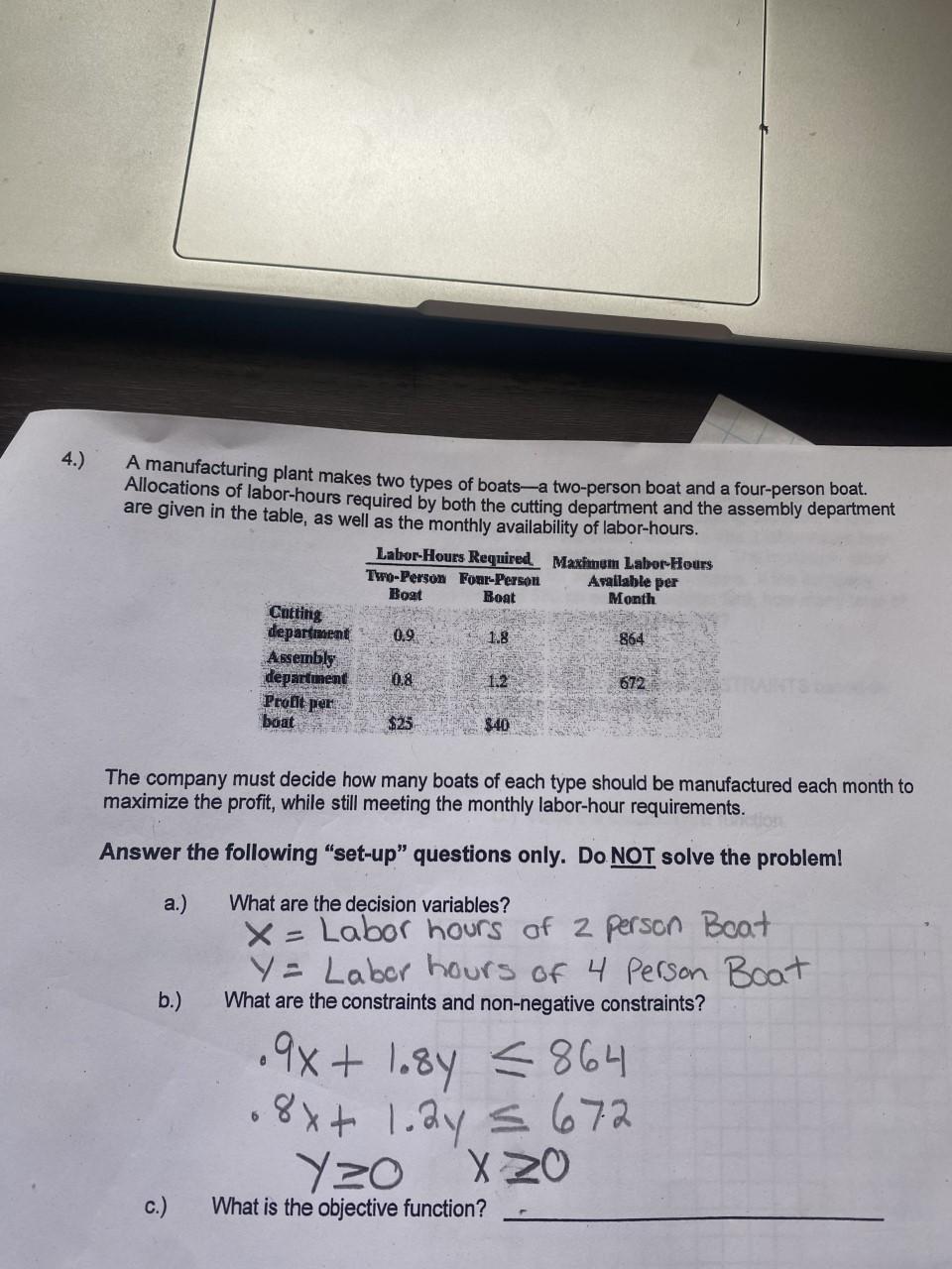 Solved 4.) A manufacturing plant makes two types of boats-a | Chegg.com