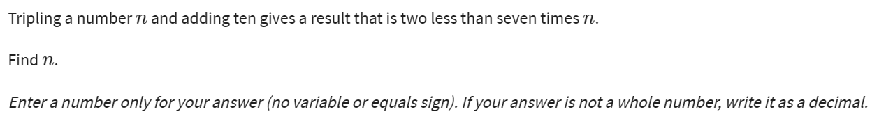 Solved Tripling a number n and adding ten gives a result | Chegg.com