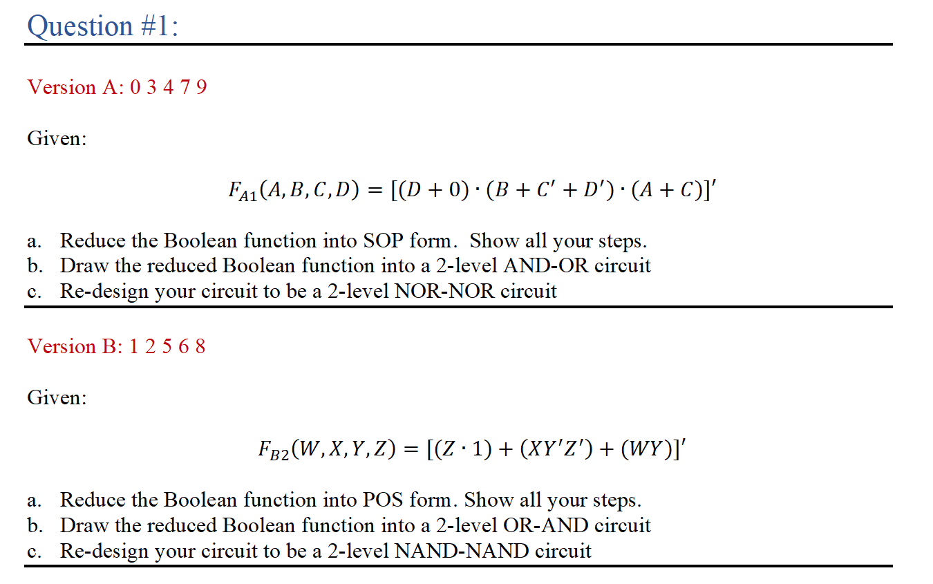 Solved Question #1: Version A: 0 3 4 79 Given: FA1(A,B,C,D) | Chegg.com