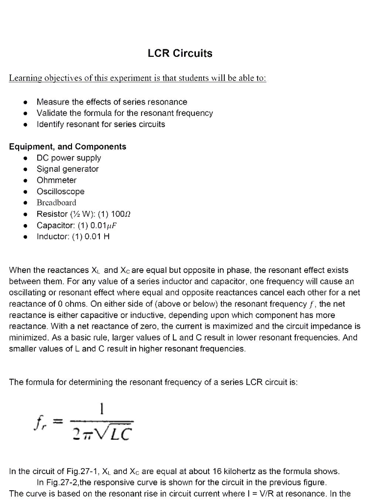 Solved LCR Circuits Learning objectives of this experiment | Chegg.com