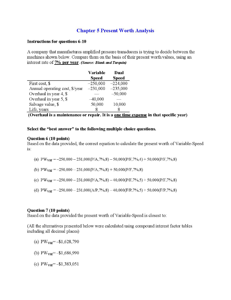 Solved Chapter 5 Present Worth Analysis Instructions for | Chegg.com