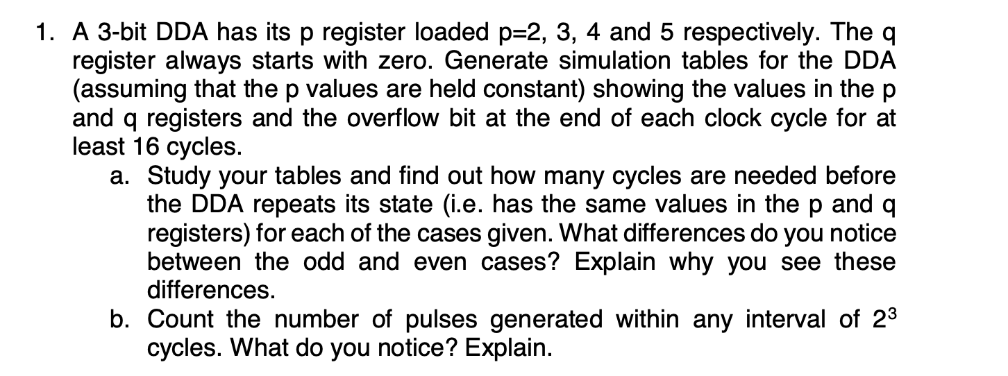 Solved 1. A 3 -bit DDA has its p register loaded p=2,3,4 and | Chegg.com