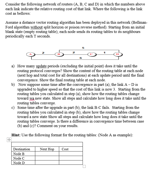Solved Consider the following network of routers (A, B, C | Chegg.com