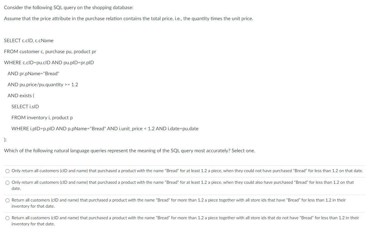 Solved Consider the following SQL query on the shopping | Chegg.com
