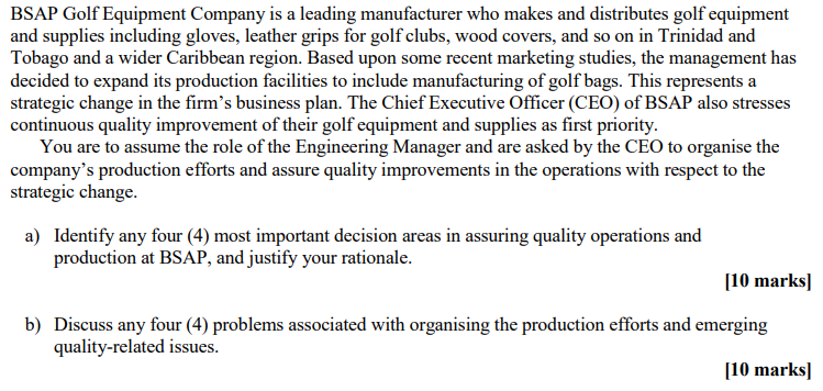 Solved BSAP Golf Equipment Company is a leading manufacturer | Chegg.com