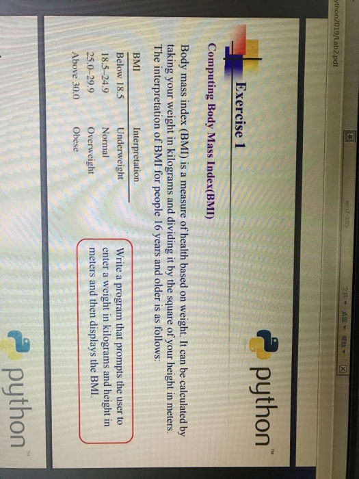 Solved 2 Python Exercise 1 Computing Body Mass Indexbmi 4066