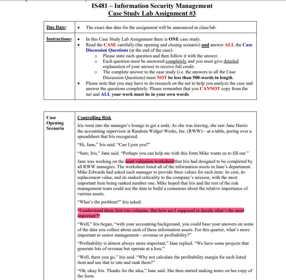 Solved IS481 - Information Security Management Case Study | Chegg.com