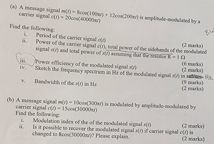 Solved (a) A message signal m(t)=8cos(100πt)+12cos(200πt) is | Chegg.com
