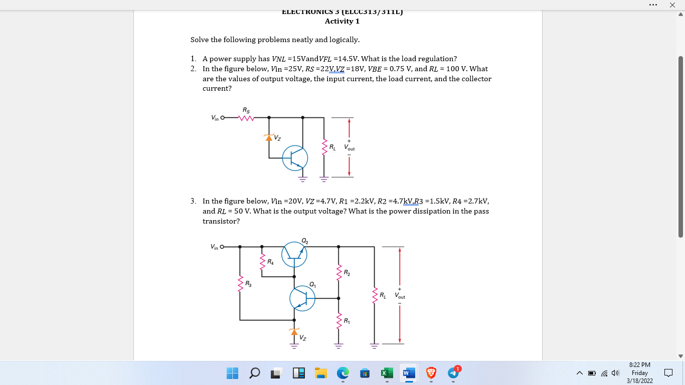 Solved ELECTRONICS 3 (ELCC31373111) Activity 1 Solve the | Chegg.com