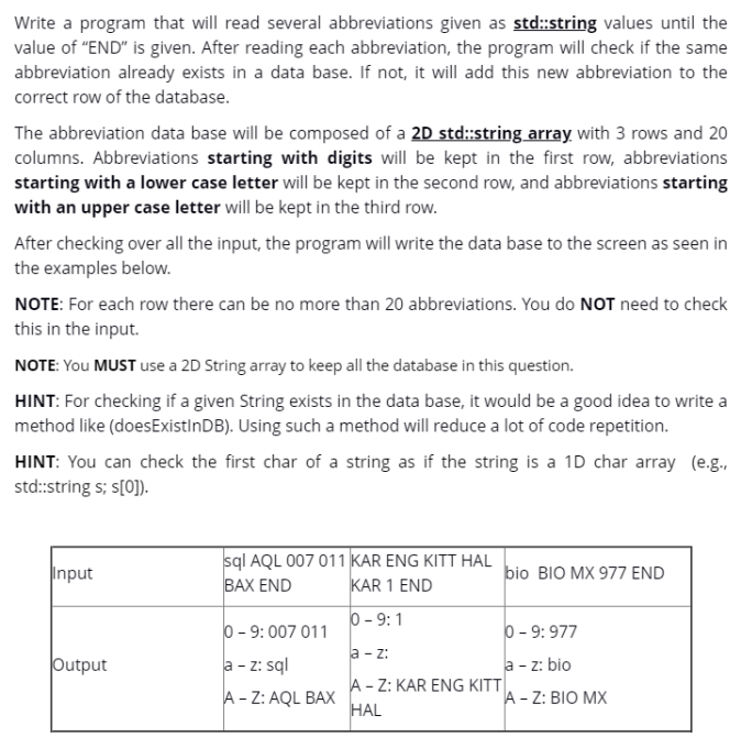 Solved Write a program that will read several abbreviations | Chegg.com