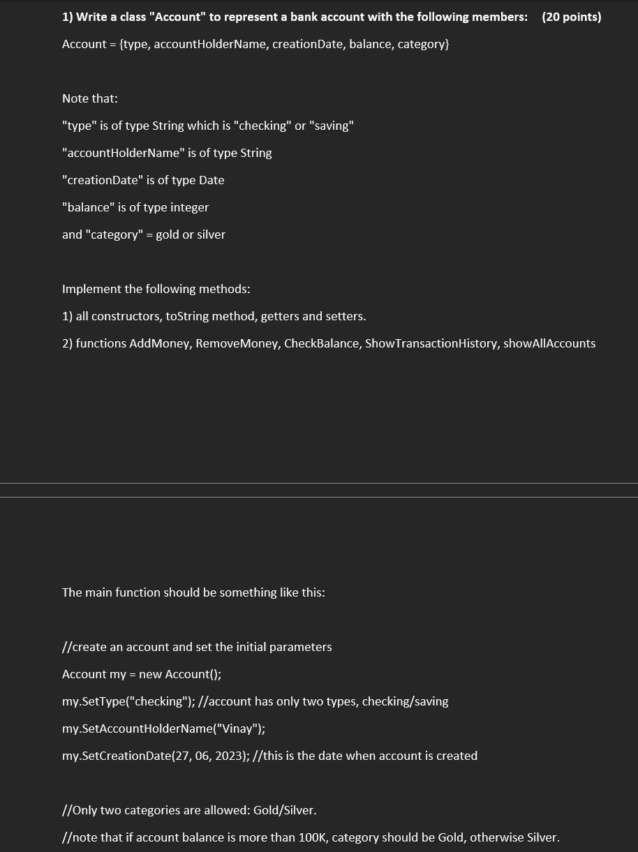 Solved 1) Write a class "Account" to represent a bank | Chegg.com