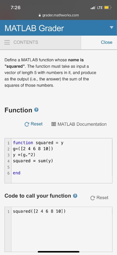 Solved 7:26 10 LTE O grader.mathworks.com MATLAB Grader | Chegg.com