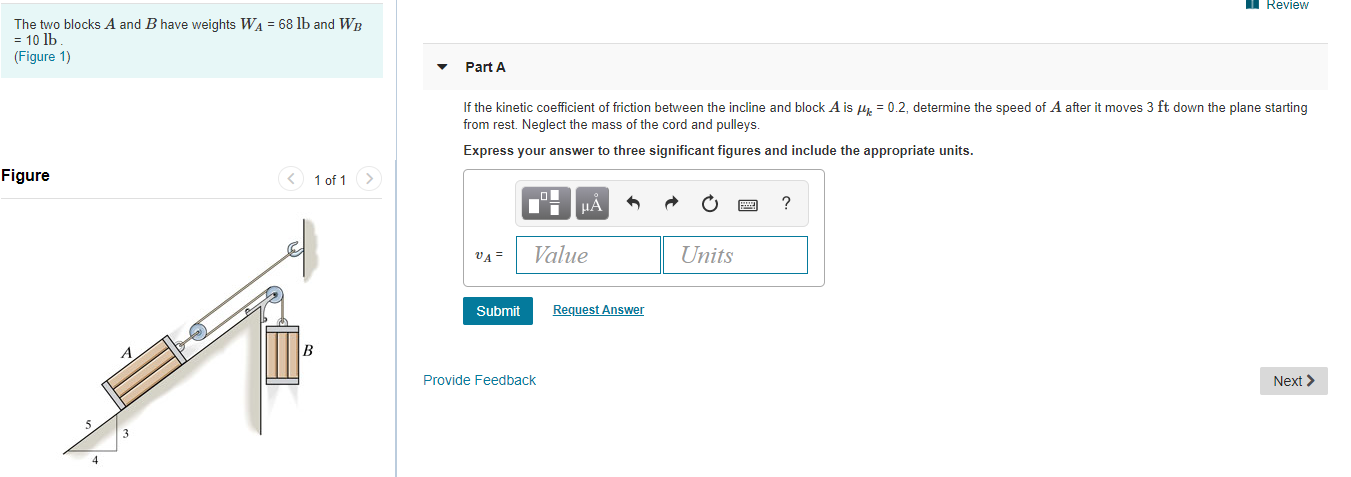 Solved Review The two blocks A and B have weights WA = 68 lb | Chegg.com