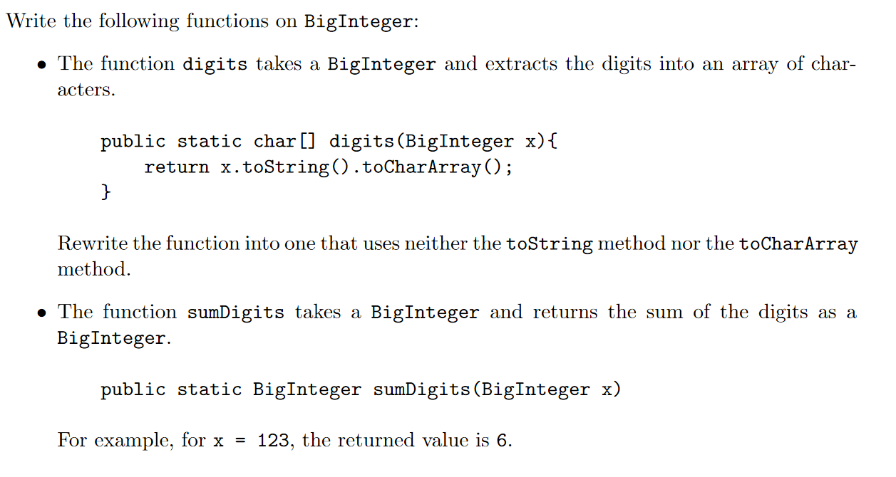 Solved Write the following functions on BigInteger: • The | Chegg.com
