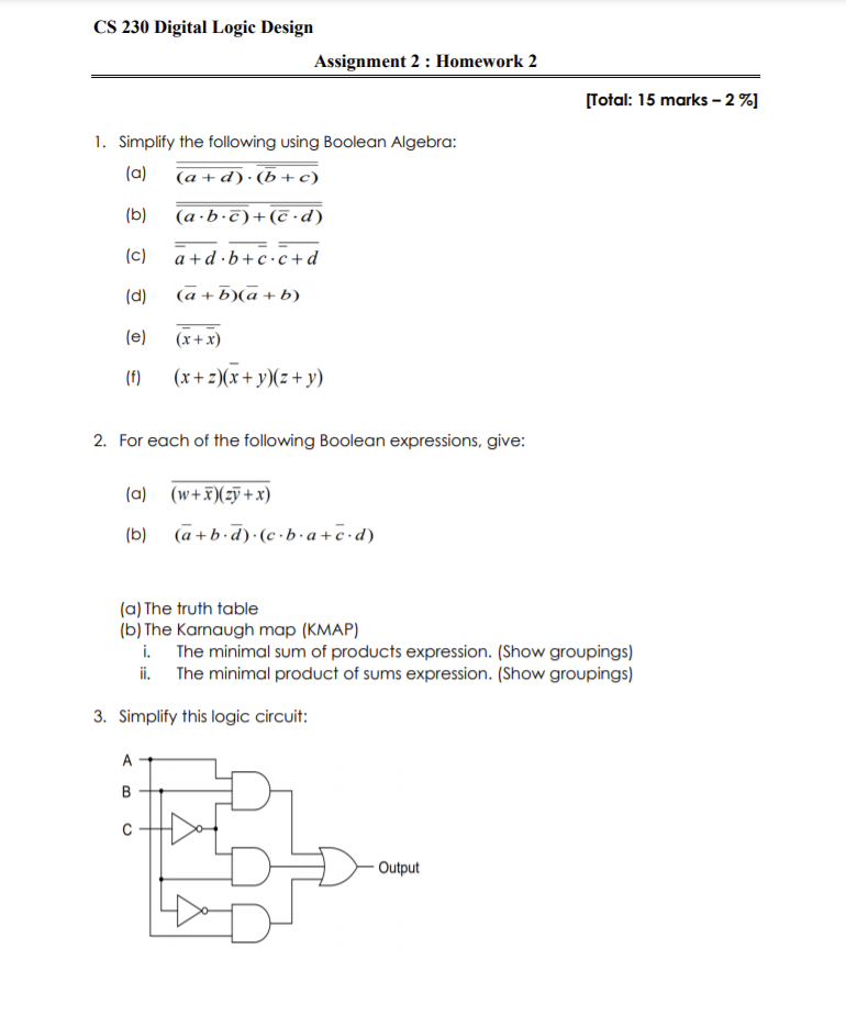 Solved CS 230 Digital Logic Design Assignment 2 : Homework 2 | Chegg.com