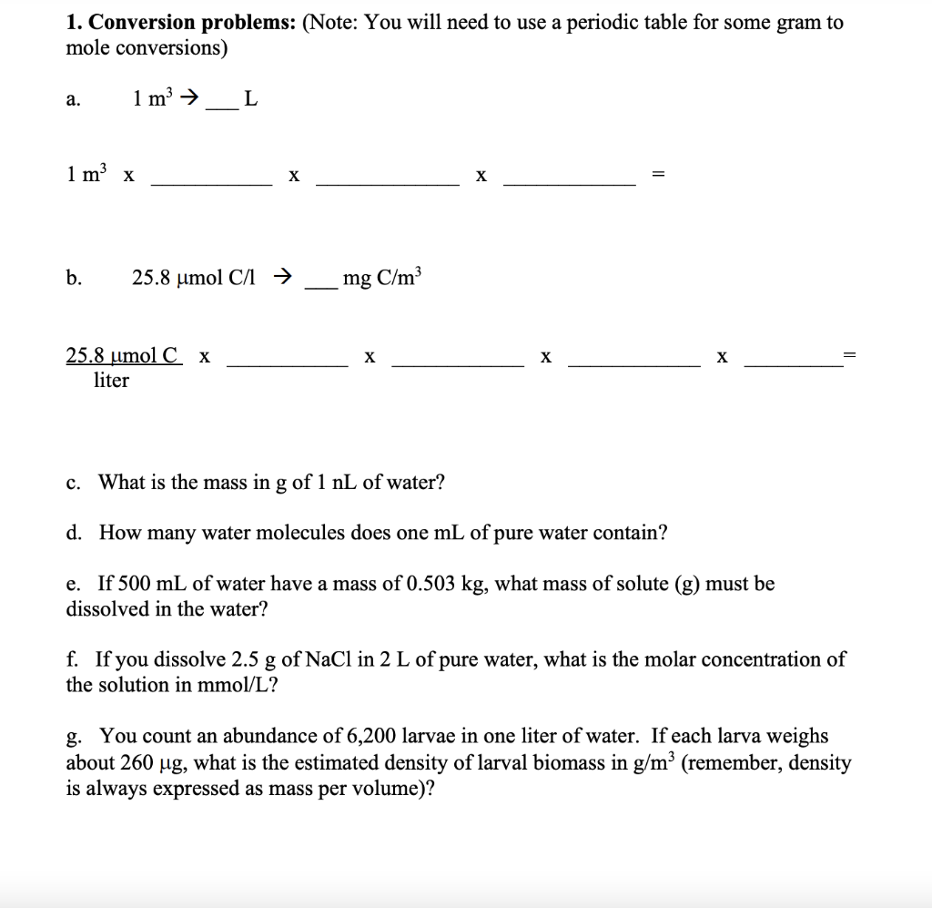 Solved 1. Conversion problems: (Note: You will need to use a | Chegg.com