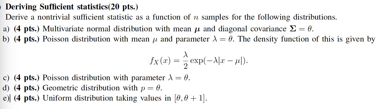 Solved - Deriving Sufficient statistics(20 pts.) Derive a | Chegg.com