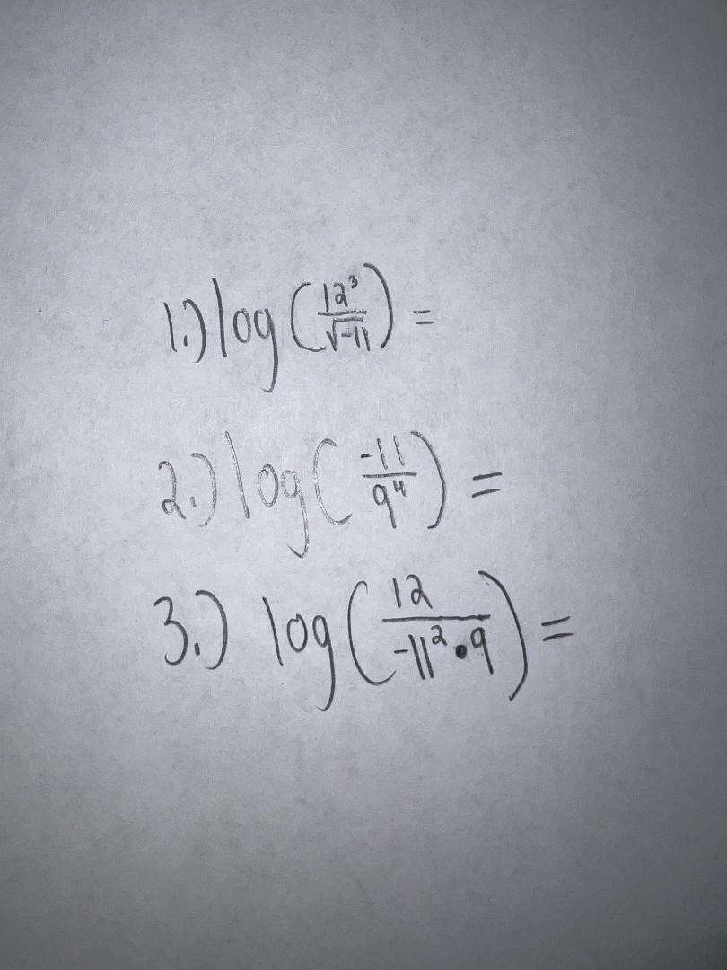 Solved 1.) log(−11123)= 2.) log(94−11)= 3.) log(−112⋅912)= | Chegg.com