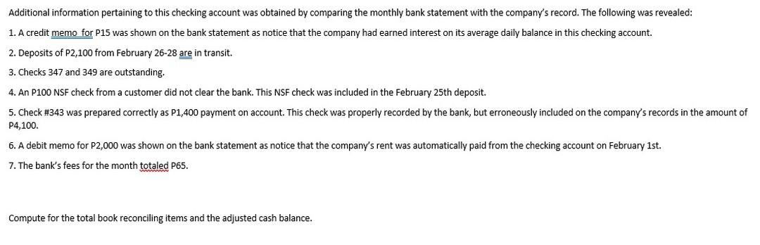Solved Additional information pertaining to this checking | Chegg.com
