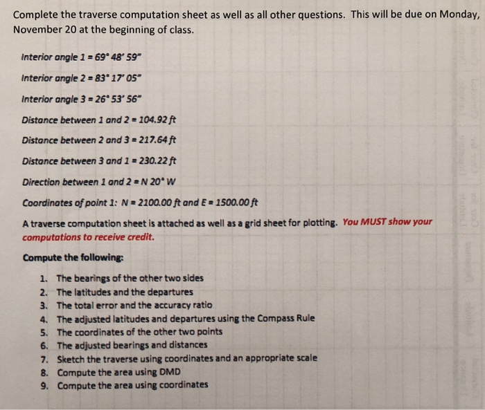 Solved Complete the traverse computation sheet as well as | Chegg.com