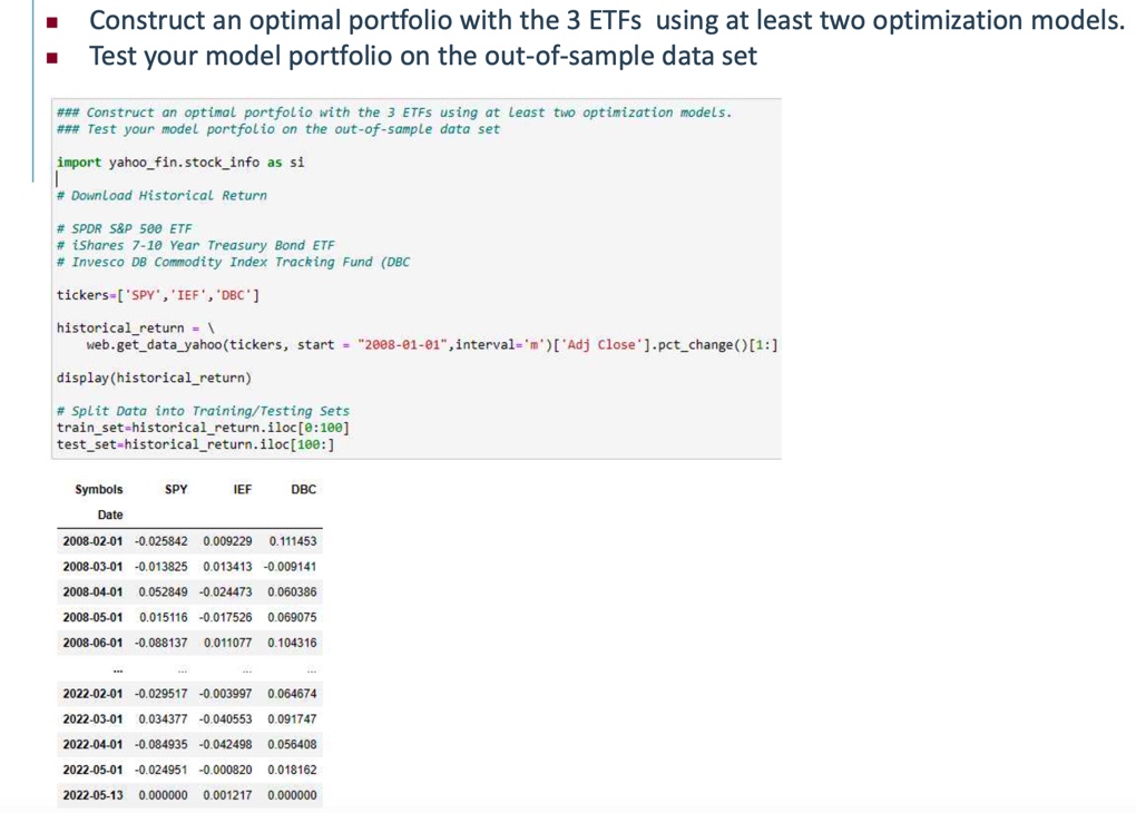Solved - Construct an optimal portfolio with the 3 ETFs | Chegg.com