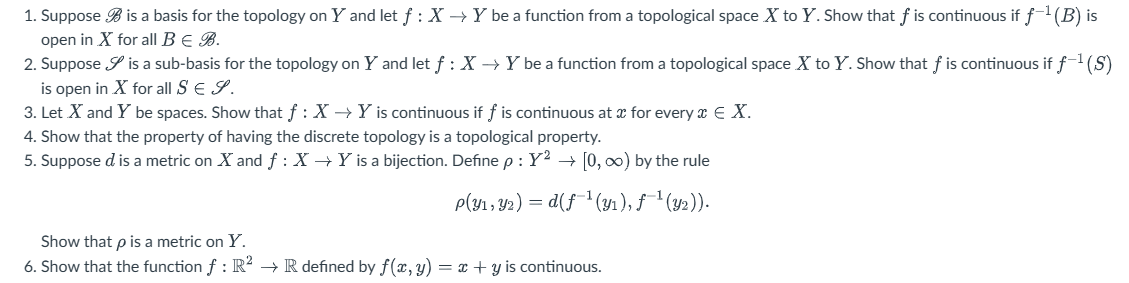 Solved 1. Suppose B is a basis for the topology on Y and let | Chegg.com