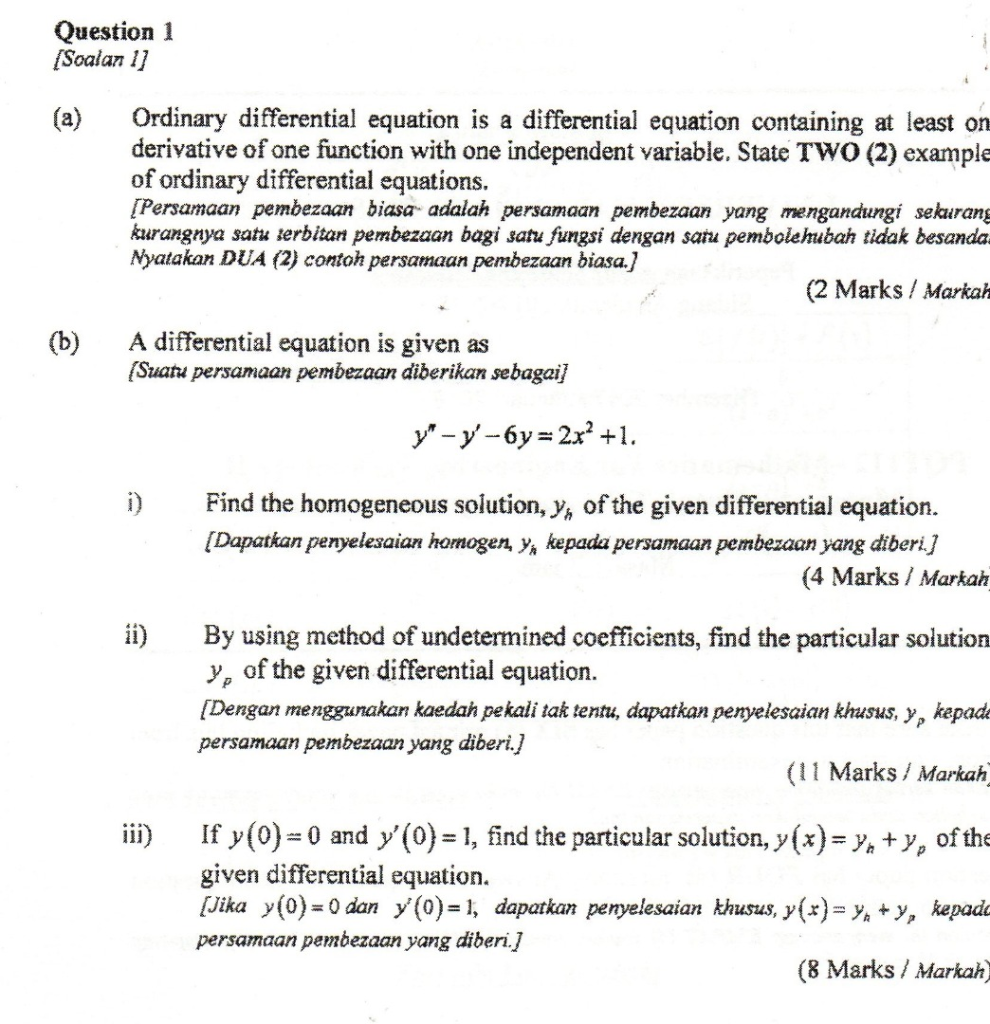 Solved Question 1 Soalan Ordinary differential equation is a | Chegg.com