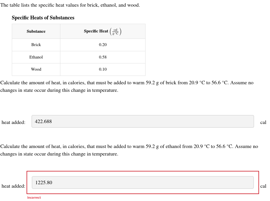 Solved The table lists the specific heat values for brick, | Chegg.com