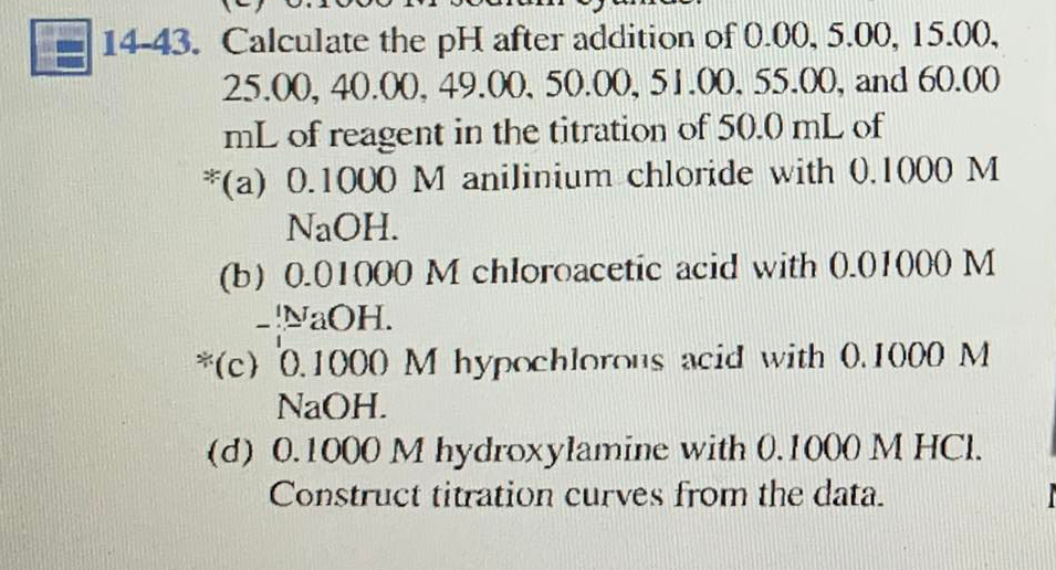 Solved 14-43. Calculate the pH after addition of 0.00, 5.00, | Chegg.com