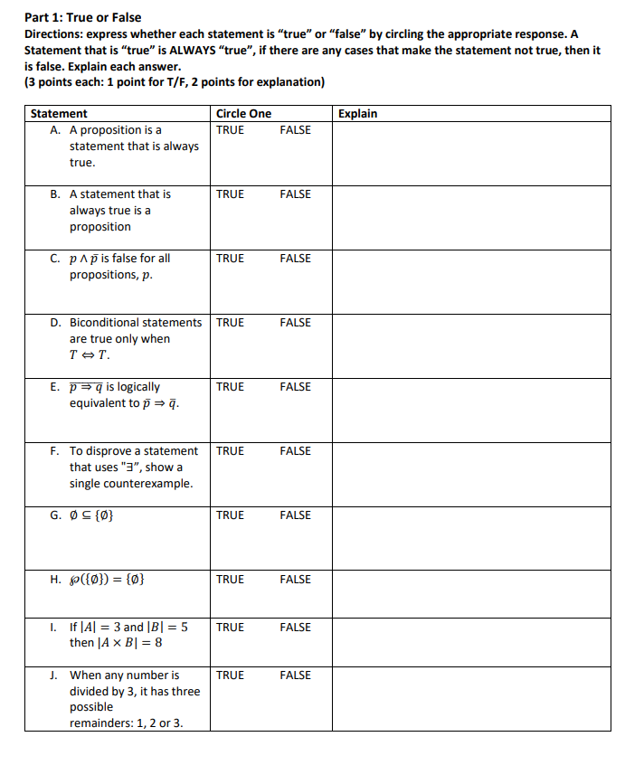 Solved Part 1: True or False Directions: express whether | Chegg.com