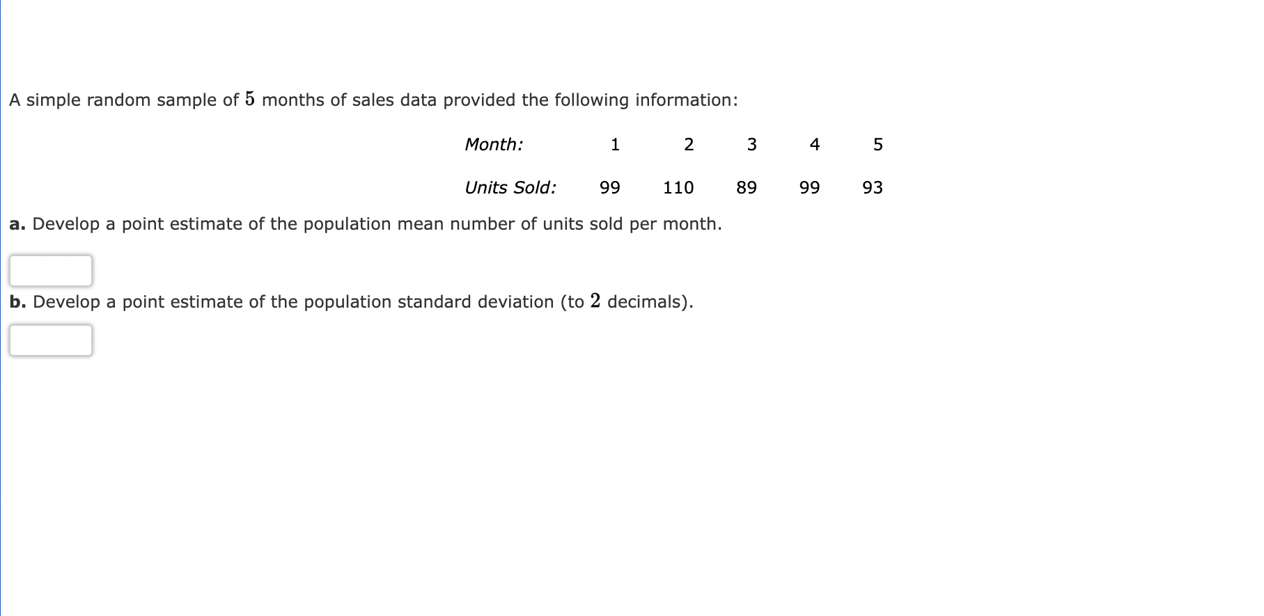 Solved A simple random sample of 5 months of sales data | Chegg.com