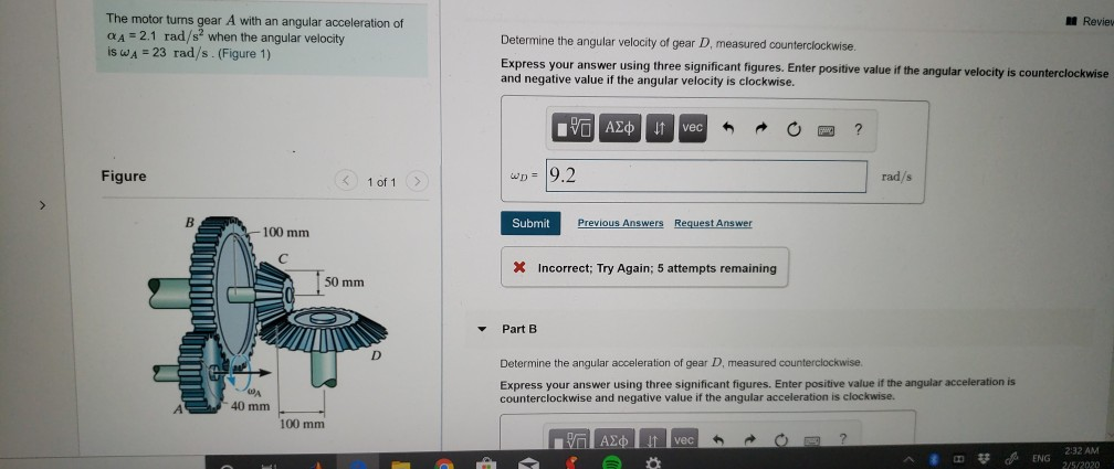 Solved Reviev The motor turns gear A with an angular | Chegg.com