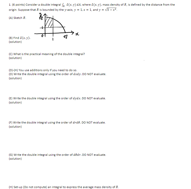 Solved 1. (6 points) Consider a double integral ∫Rδ(x,y)dA, | Chegg.com