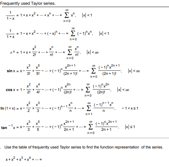 Solved Frequently used Taylor series. 1 = 1 1-X + ... + +x+ | Chegg.com