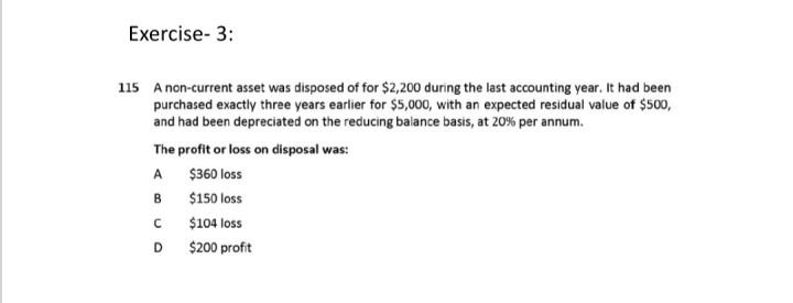 Solved Exercise- 3: 115 A non-current asset was disposed of | Chegg.com