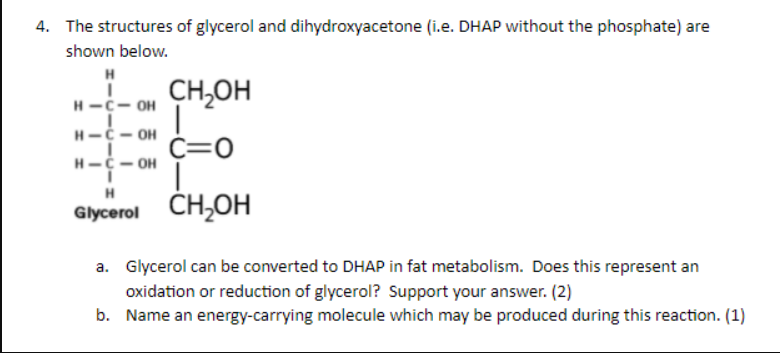 Solved 4. The structures of glycerol and dihydroxyacetone | Chegg.com