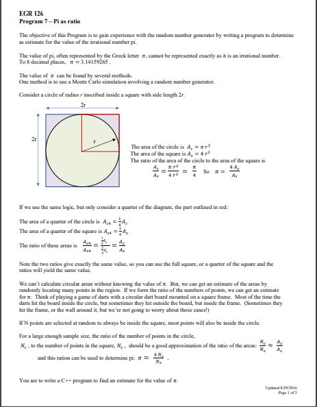 EGR 126 Program 7- Pi as ratio The objective of this | Chegg.com
